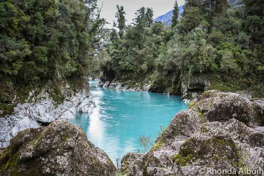 Azure Waters and Swing Bridge at Hokitika Gorge, New Zealand